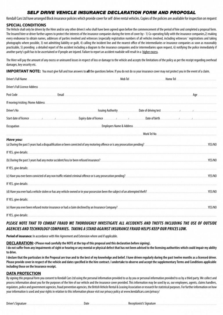 Insurance Proposal Form DOWNLOAD - Kendall Cars Ltd